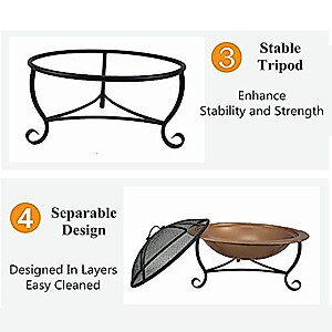 LEAYAN Garden Fire Pit Grill Bowl Grill Barbecue Rack Outdoor Fire Pit Bowl,Round Fire Pit Wood Burning,Patio Firebowl with Spark Screen-20 Inch Fire Bowl with Metal Tripod,Rose Gold Color
