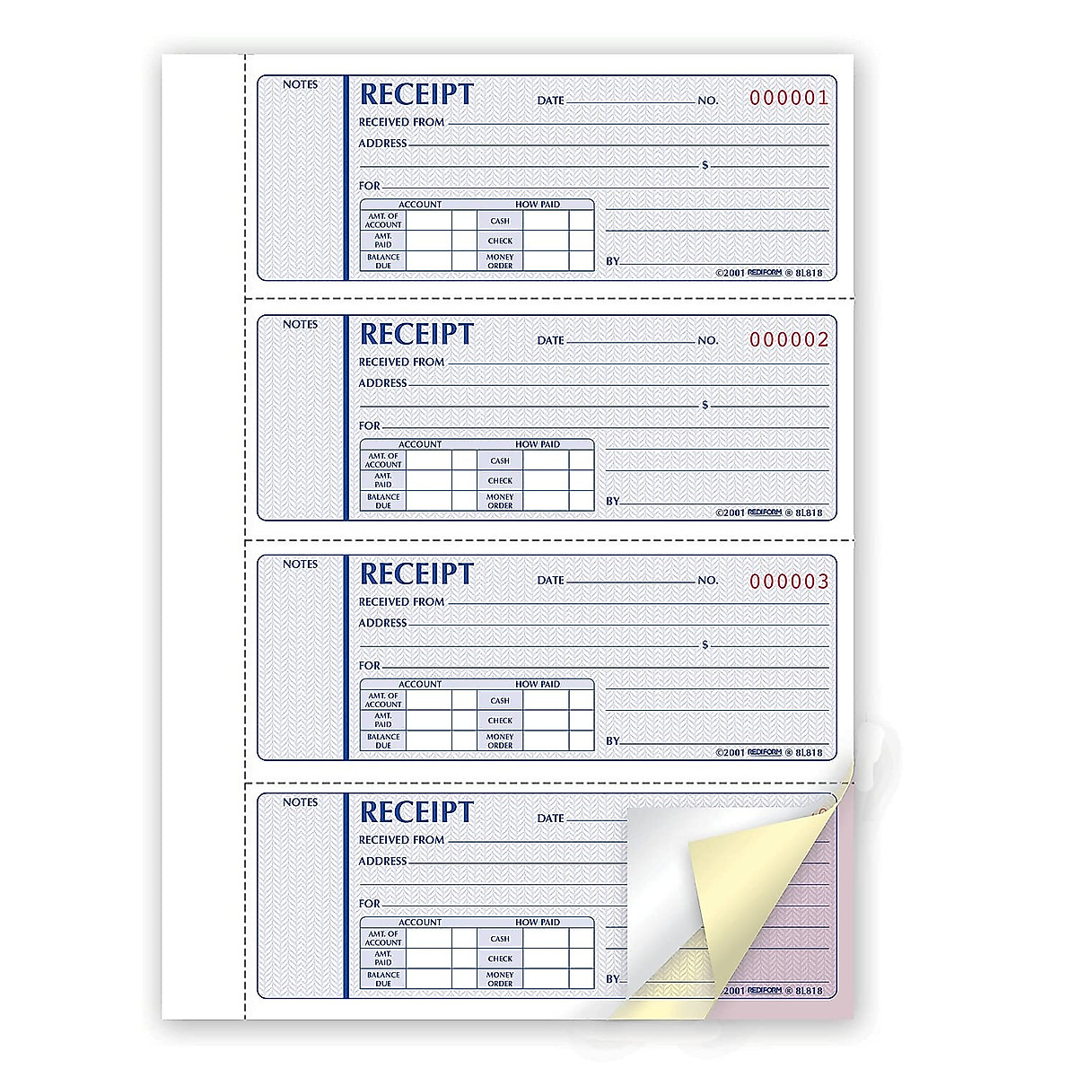 Rediform® Money Receipt Book, Hardcover, Three-Part Sets, White/Yellow/Pink, 200 Carbonless Numbered Triplicate Forms, 2.75" x 7" (8L818)