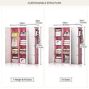 YOZO Cube Storage Organzier Portable Closet Wardrobe Bedroom Dresser (42x14x56 inches) Portable Closet Cube Shelf Armoire Pantry Cabinet, 12 Cubes, Pink