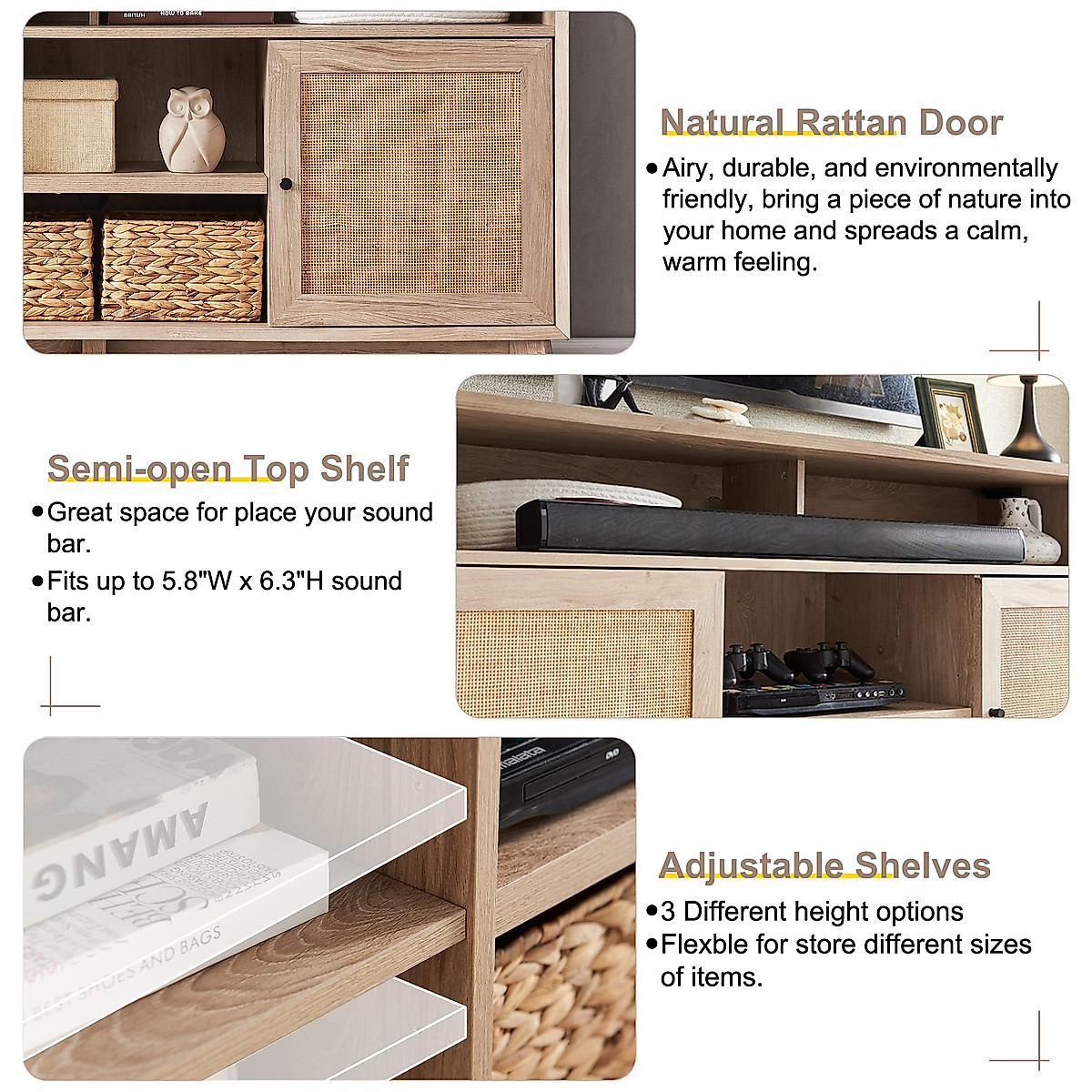 OKD TV Stand for 65+ Inch TV, 32'' Tall Highboy Entertainment Center, Mid Century Modern Media TV Console with Natural Rattan Door, Adjustable Shelves, Boho Television Stand, Oak