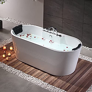 Empava 67 in. Acrylic Freestanding Tub Hydromassage Gracefully Oval Shaped Whirlpool 8 Water Jets Soaking SPA, Double-Ended Massage Bathtub with 2 Pillows , White