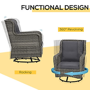 Outsunny 3 Pieces Wicker Outdoor Bistro Set, Rattan Patio Furniture Set with Glass Coffee Table and Swivel Porch Chairs for Backyard, Balcony, Garden, Gray