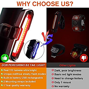 Bike Tail Light Powerful 110 Lumens - Waterproof & Rechargeable USB-C, Quick Release Mounts with 5 Red/Blue Modes for Night Riding, DON PEREGRINO B2 Rear Bike Light