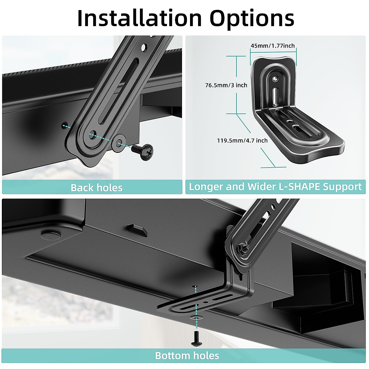 HCMOUNTING Soundbar Mount Bracket, Sound Bar Mounts Under TV or Above TVs Fits Most Sound Bars Up to 20 Lbs, Soundbar TV Mount with 180° Adjustable Extension Plates and L-Shaped Hooks