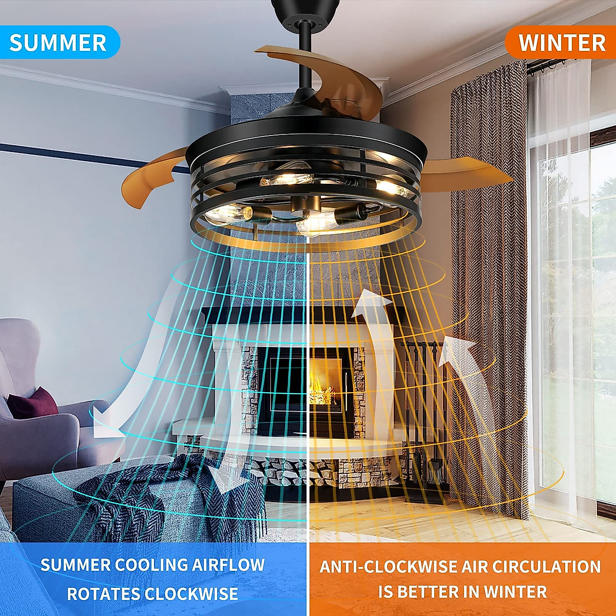 NEWORB 42Inch Retractable Ceiling Fans with Lights Remote Control Black Caged Ceiling Fans Farmhouse Vintage Industrial Ceiling Fan with Lights for Living Room Bedroom Kitchen Patio