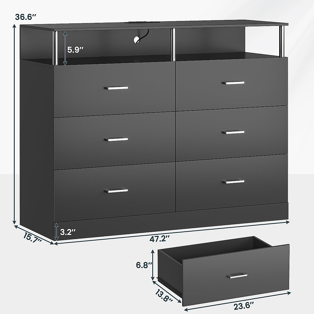 AOGLLATI Black Dresser for Bedroom with 6 Drawers, Dressers & Chests of Drawers with Column Design & Charging Station, Modern Bedroom Led Wide Dresser for Bedroom Closet