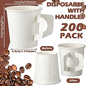 Funtery 200 Count Disposable Tea Cups Paper Tea Cups with Wide Comfort Handles Disposable Espresso Paper Cup with Handle 4 oz Paper Cups for Coffee Tea Cocoa Juice and More