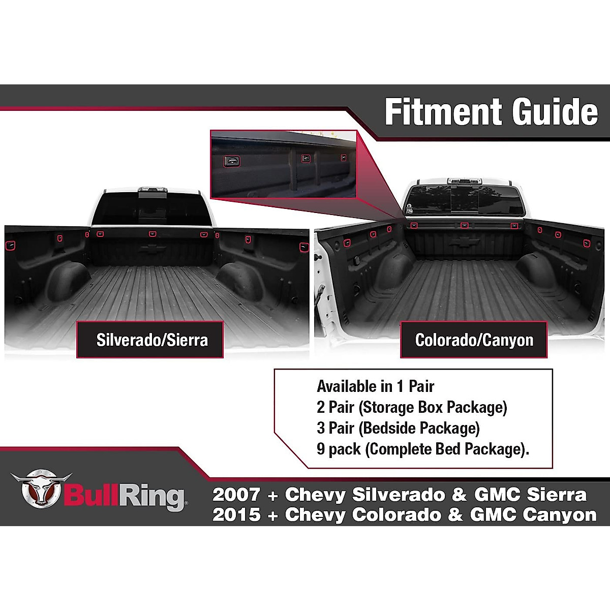 Bull Ring Inner Bed Retractable Truck Bed Tie Down Anchors for 2007+ Chevy Silverado & GMC Sierra, 2015+ Chevy Colorado & GMC Canyon (3 Pairs)