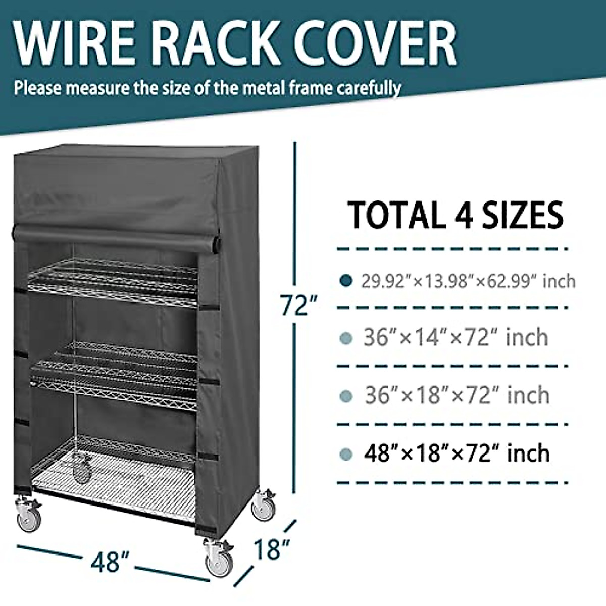 ZYSUOR Shelving Cover Storage Shelf Cover Wire Shelves Cover,48" W x 18" D x 72" H,Durable Velcro Design on Both Sides of The Front for Easy and Quick Opening and Closing,Black,only Cover