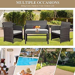 JAMFLY 4 Piece Patio Furniture Set, Outdoor Furniture Set Patio Wicker Conversation Set with Cushions and Tempered Glass Tabletop for Lawn Backyard Pool Garden
