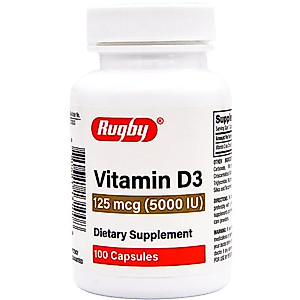 Rugby Vitamin D3 Dietary Supplement 125 mcg (5000 IU) - 100 Capsules