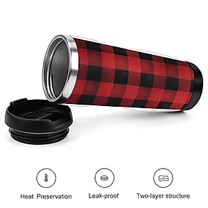Red Black Buffalo Check Plaid Pattern Travel Coffee Mug Stainless Steel Water Bottles Insulated Water Bottle Travel Mug Insulated Tumblers Travel Coffee Tumbler 12 Oz Coffee Tumbler Travel Cup