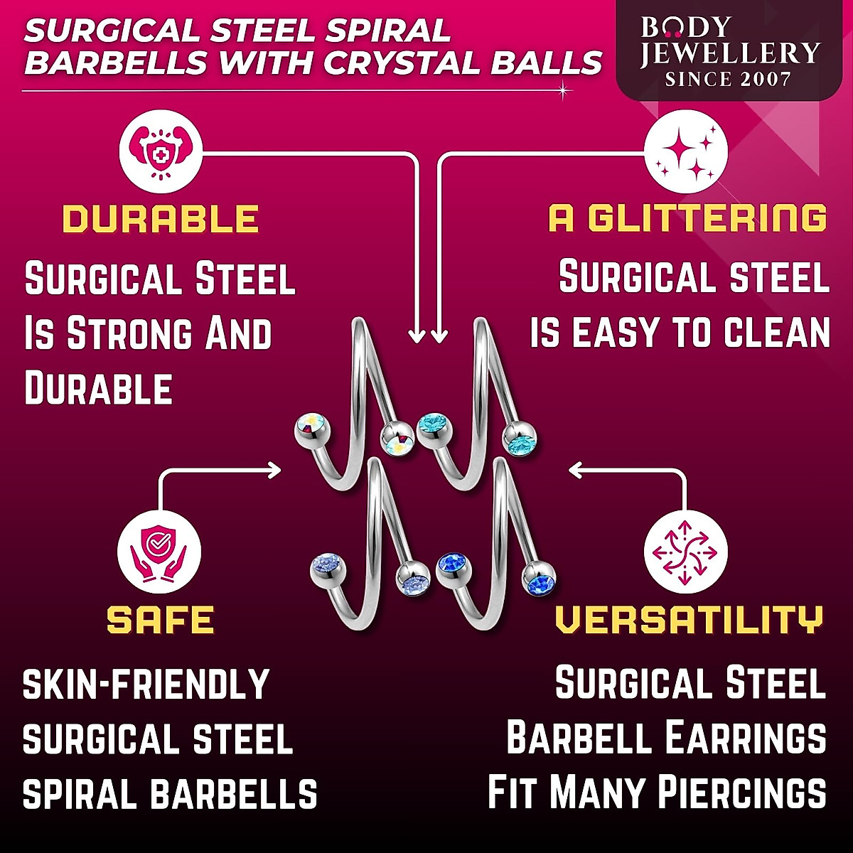 bodyjewellery 4pcs 16g 12mm Twisted Barbell Rim Tragus Helix Lip Cartilage Hoop Crystal Pinna Eyebrow Ear lobe Barbell BQAZ - AB LSP SP AQ