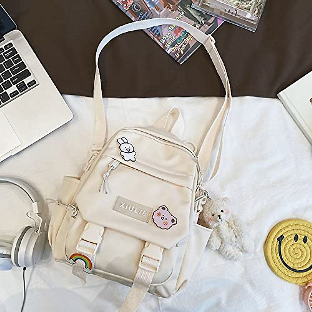 Eagerrich Cute Mini Backpack with Cute Pin Accessories Plush Pendant Kawaii Mini Backpack Aesthetic Mini Backpack for School(White)