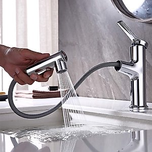 LAZ HOME Bathroom Faucet with Pull Out Sprayer Chrome Copper Single Handle Kitchen Basin Mixer Tap with Three Modes Sprayer Rotating Spout Hot and Cold Water Modern Vanity Basin Faucets with Sprayer