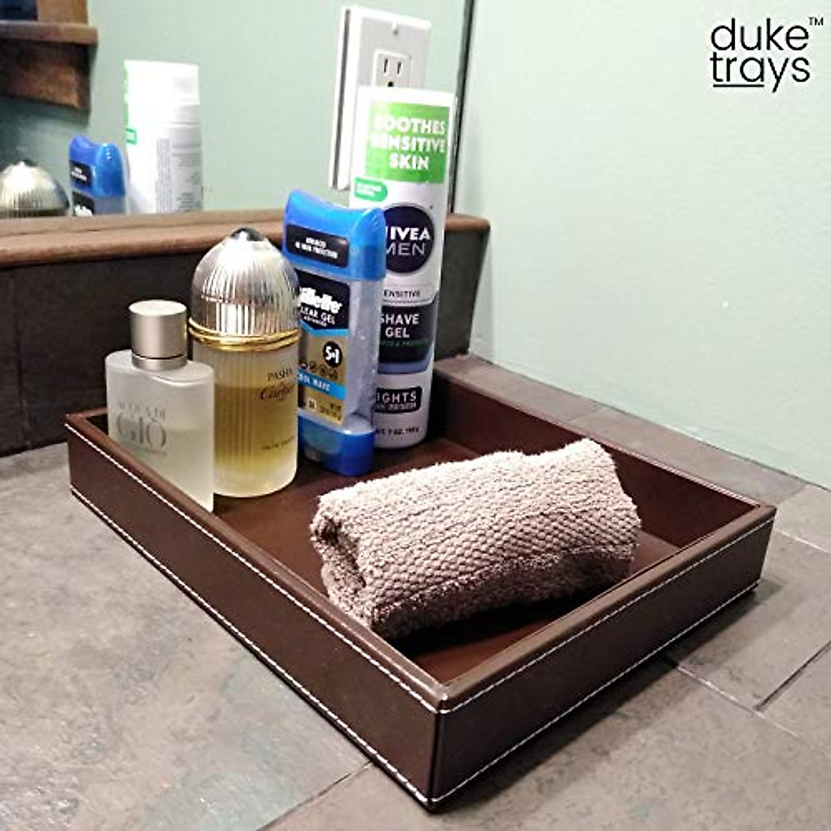 Valet Tray, Dresser Organizer, Desk Tray, Bedside Organizer, Key Bowl, Nightstand Organizer for Men, EDC Tray, Brown PU Leather, 10.3 x 8.3 x 1.6 inches