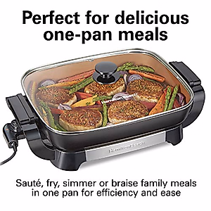 Hamilton Beach Durathon Ceramic Electric Skillet with Removable 12x15” Pan, Adjustable Temperature, Reversible Design, Tempered Glass Lid (38529K)