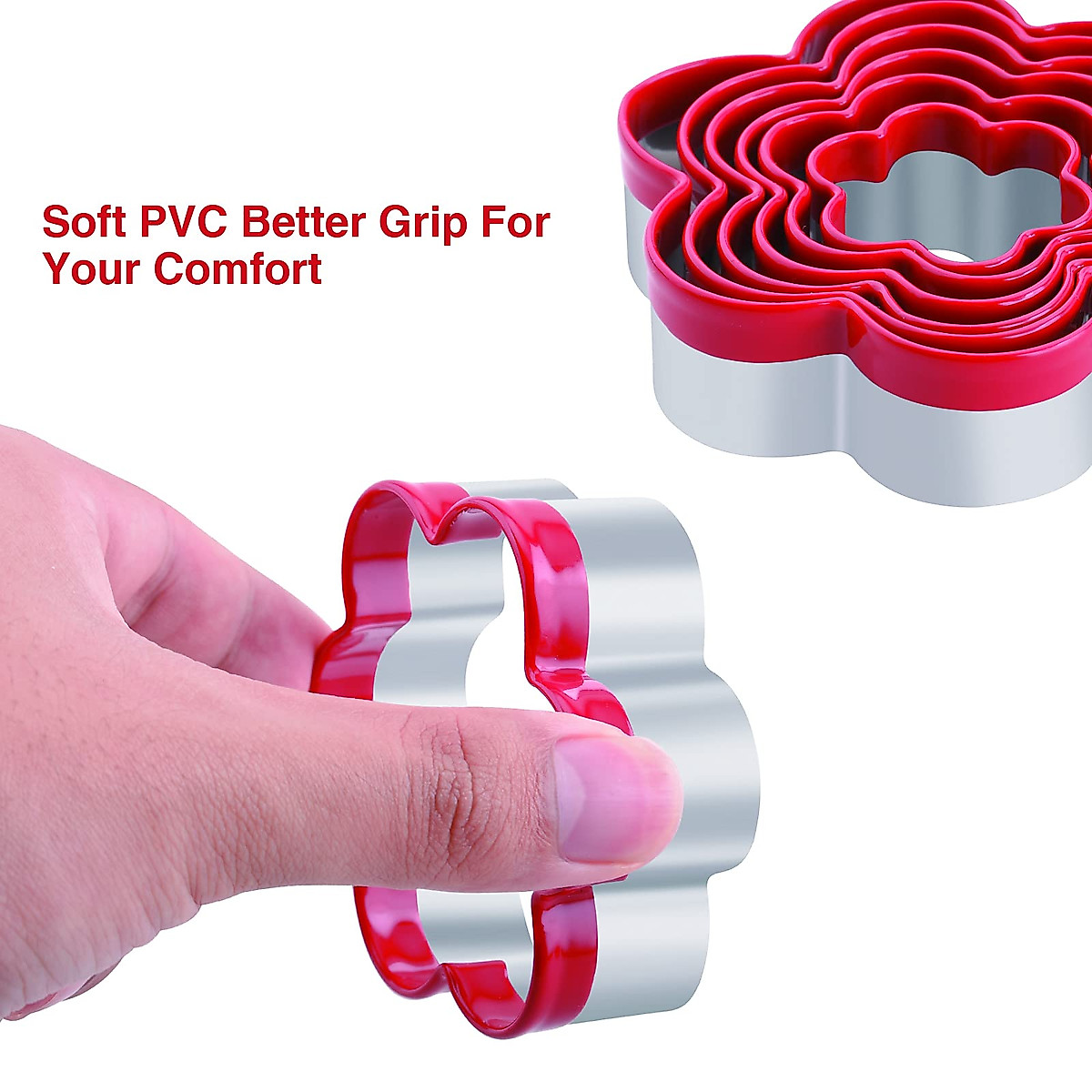 Flower Cookie Cutters Set 6-Pcs, Metal Flower Shapes Biscuit Cutter Made of Food Grade Stainless Steel, Protective Red TOP with Soft PVC, Safe & Healthy for Kids