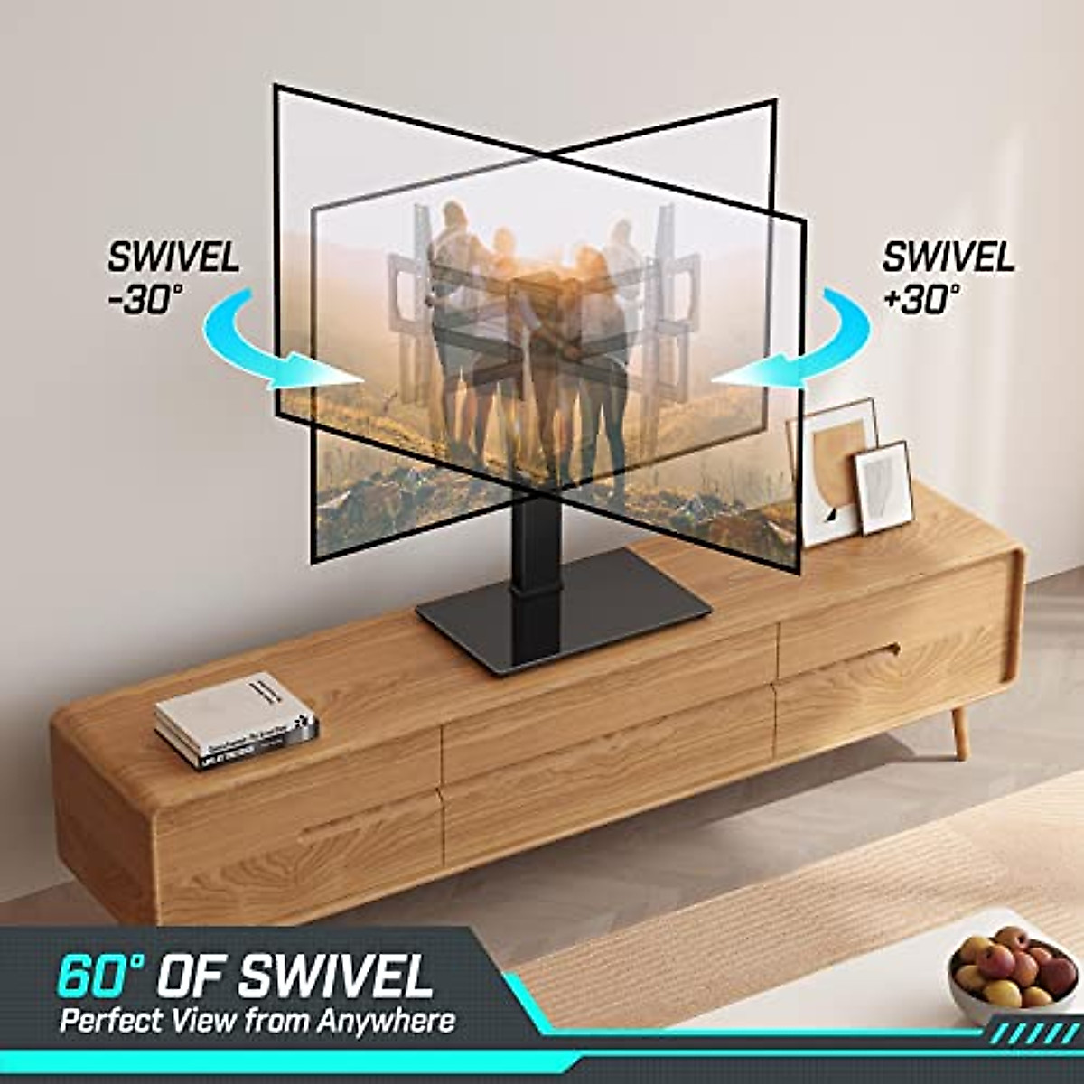 Greenstell TV Stand with Power Outlet, Universal TV Mount Stand for 37-70 inch TVs, Height Adjustable, Swivel Table Top TV Stand with Tempered Glass Base, Holds up to 100 LBs, Max VESA 600x400mm