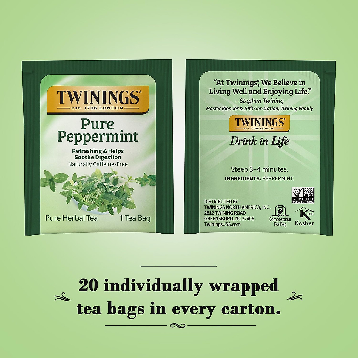 Twinings Pure Peppermint Tea - Refreshing Mint Tea, Naturally Caffeine-Free Herbal Tea Bags Individually Wrapped, 20 Count (Pack of 3)