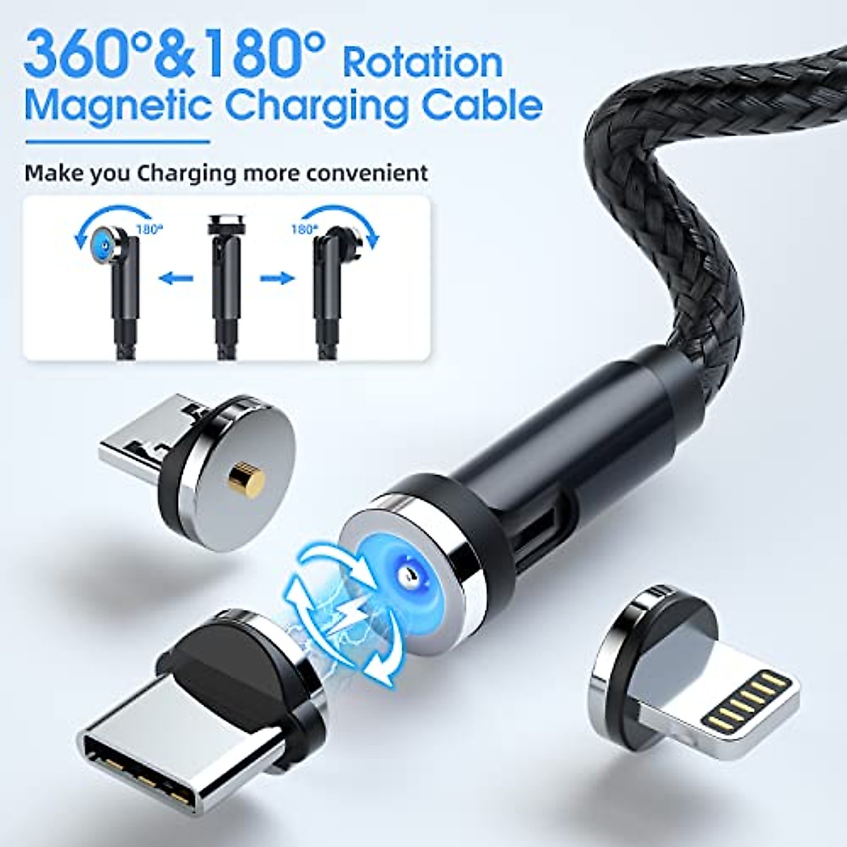 Magnetic Charging Cable, 540° Rotating Magnetic Phone Charger [6-Pack, 3ft/3ft/3ft/6ft/6ft/10ft] 3 in 1 Magnetic Charger Cable Nylon Braided Magnetic USB Cable for iPhone/Micro USB/Type C Device