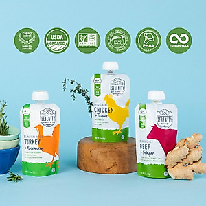 Serenity Kids 6+ Months Baby Food Pouches Puree Made With Ethically Sourced Meats & Organic Veggies | 3.5 Ounce BPA-Free Pouch | Free Range Chicken & Thyme, Parsnip, Beet | 1 Count