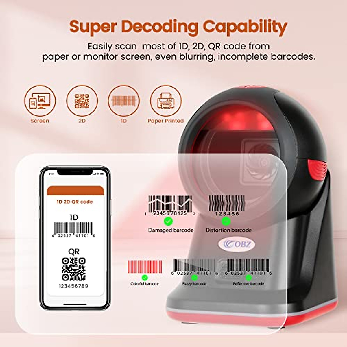OBZ 1D 2D QR Hands-Free Barcode Scanner, Omnidirectional Automatic Sensing Scanning USB Wired Barcode Reader Adjustable Desktop Barcode Scanner for POS PC Supermarket Retail