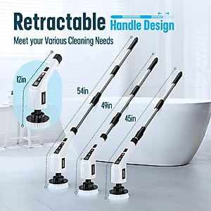 Electric Spin Scrubber, Power Shower Scrubber with Extension Handle for Cleaning, 420RPM/Mins-8 Replaceable Brush Heads-140Mins Long Work Time, 3 Adjustable Size, 3 Speeds for Bathroom Tub Tile Floor