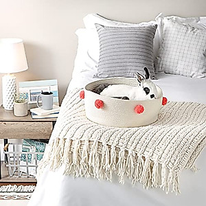 Bone Dry Pet Storage Collection Decorative Cotton Rope Basket/Bed, 15.75x6.25, White/Pink Pom Poms