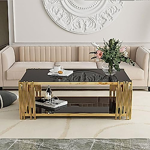 Glass Coffee Table Modern Living Room Table Gold Stainless Steel Metal Leg Rectangular Black Tempered Glass Center Table for Home Office(Black, Coffee Table)