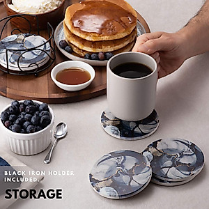 Nasema Kitchen Drink Coasters with Holder, 6-Piece Coaster Set, Modern Ceramic Coasters for Drinks Absorbent for Wooden Table, 4-Inches for Cups & Glasses, Tabletop Protection (Ocean Blue, 6)