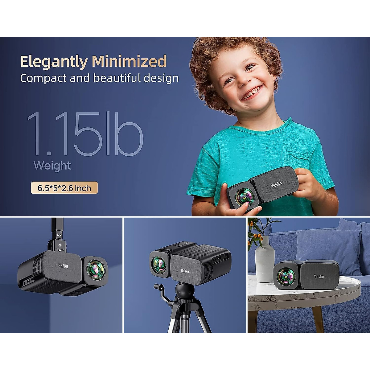 Mini Projector, Tkisko 5G WiFi 1080P Supported Video Projector, 12000 Lumens Portable Outdoor Projector, Home Theater Projector for Ceiling/Gaming/Movie, Compatible with iOS, Android, TV Stick, HDMI