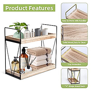 Bathroom Counter Shelf Organzier Vanity Organziers and Storage,2 Tier Bathroom Organizer Countertop Vanity Rack Orgnizer Trays for Bathroom, Cosmetic Holder Wood Shelf for Sink Kitchen Spice Rack