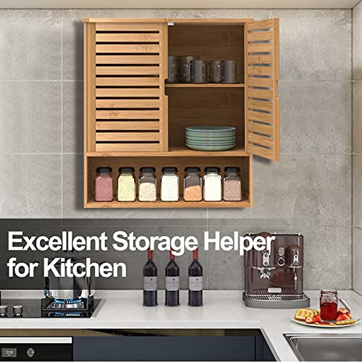 Purbambo Bathroom Wall Cabinet, Bamboo Wall Mount Medicine Cabinet Storage Organizer, Double Doors & 3 Tier Adjustable Shelf