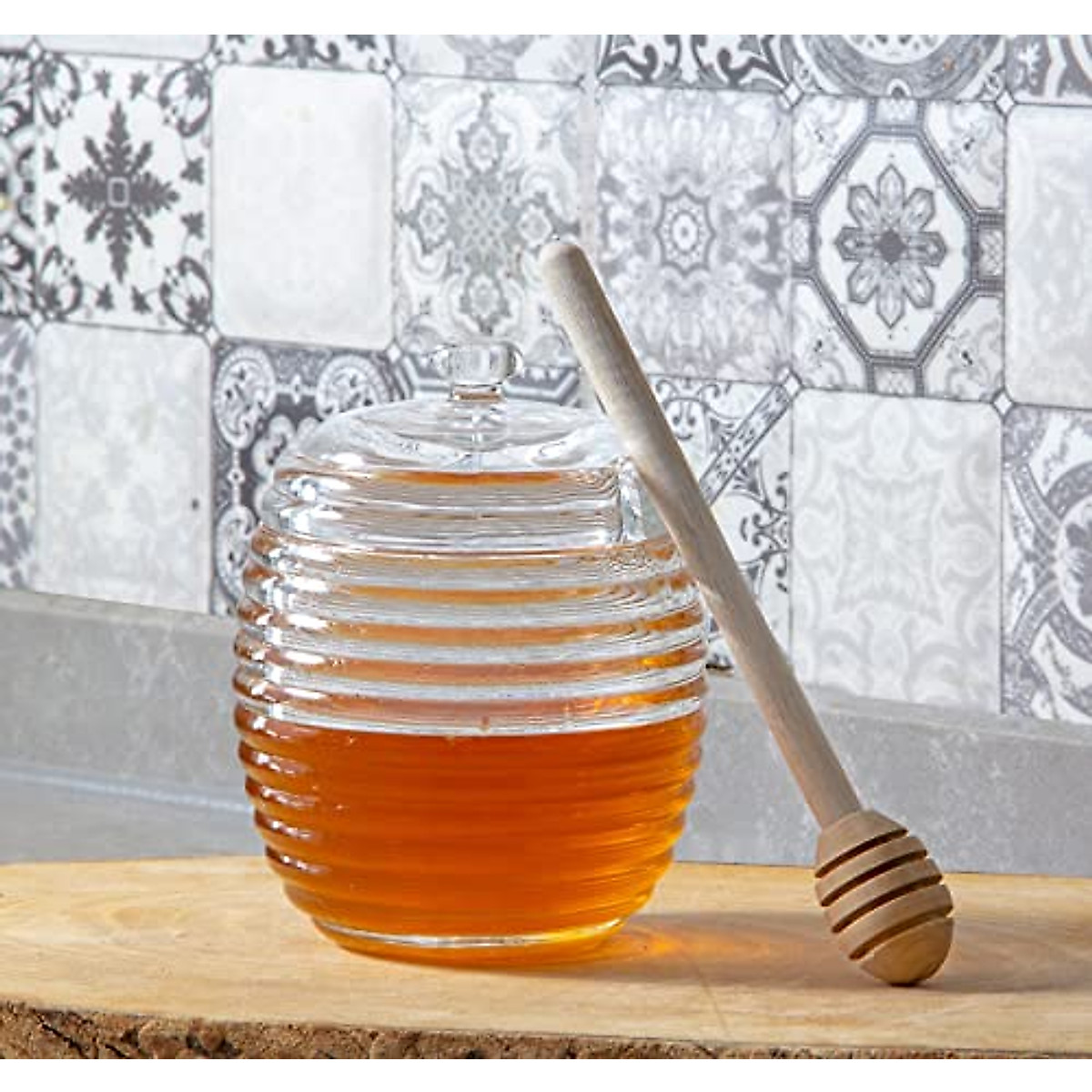 Touchstone Glass Honey Jar with Wood Dipper and Lid Perfect for Any Kitchen, Food Grade Glass Honey Jars with Dipper Material, The Honey Pot with Wooden Spoon, Honey holder, (3.5" x 4.3") (9 fl oz)