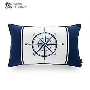 Hofdeco Nautical Indoor Outdoor Pillow Cover ONLY, Water Resistant for Patio Lounge Sofa, Navy Blue Wheel Flag Anchor Compass Stripes, 18"x18" 12"x20", Set of 5