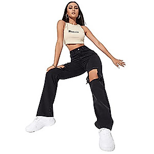 SweatyRocks Women's Casual Loose Ripped Denim Pants Distressed Wide Leg Jeans Black XL