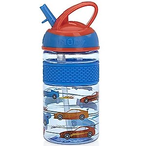 Nuby Thirsty Kids Flip-it Freestyle 12 oz Water Bottle with Bite Resistant Hard Straw, Blue Cars