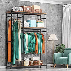 REIBII Free Standing Closet Organizer Clothes Rack with Storage Shelves Clothing Racks for Hanging Clothes Wooden Heavy Duty Garment Rack Metal Portable Closet for Hanging Clothes 72" H
