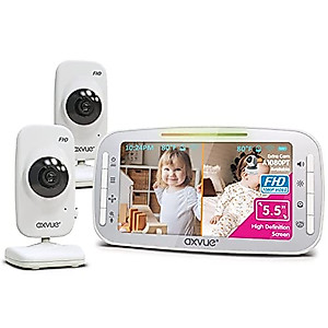 Video Baby Monitor,1080P Full HD Ultra clear image quality,5.5" IPS Screen Monitor & 2 Camera, Range up to 1000ft,24h Battery Life, 2-Way Talk,Split Screen,Night Vision,Temperature Monitor,No WiFi.