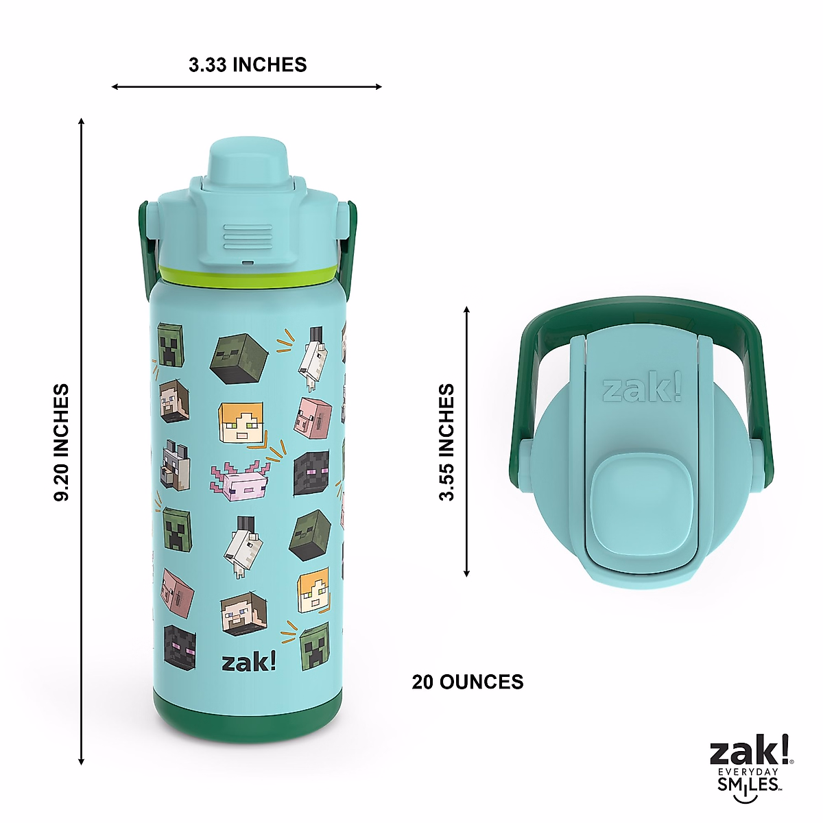zak! Beacon Insulated Bottle, Minecraft - 20 oz - Durable Stainless Steel - Double-Wall Vacuum Insulation, Silicone Spout & Push-Button, Leak-Proof Lid - Dishwasher Safe