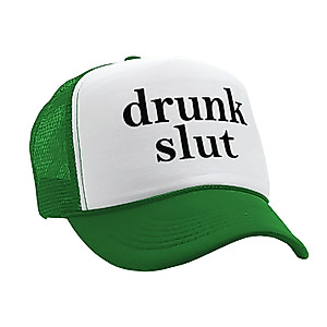 Drunk Slut - Party frat College Beer Drink - Vintage Retro Style Trucker Cap Hat (Green)
