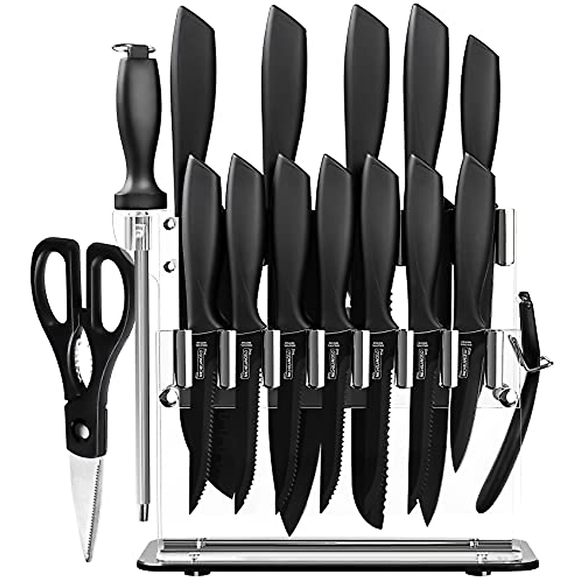 MICHELANGELO Kitchen Knife Set with Block, Sharp Black Knife Set for Kitchen, 16 Piece Stainless Steel Cooking Knife Set with Sharpener, Includes Steak Knives Set, Chef Santoku Knives, Black