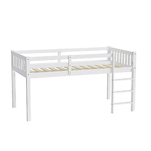 JOYMOR Twin Loft Bed Low Loft Bed Frame for Little Kids Small Room/Low Ceiling Bedrrom with Guardrail and Ladder, White