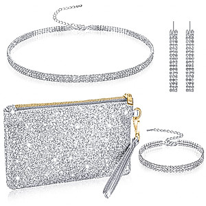 Sanwuta 4 Pcs Silver Clutch Purses for Women Evening Rhinestone Jewelry Set Necklace Earrings Bracelet Prom Wedding Accessories(Elegant Style)