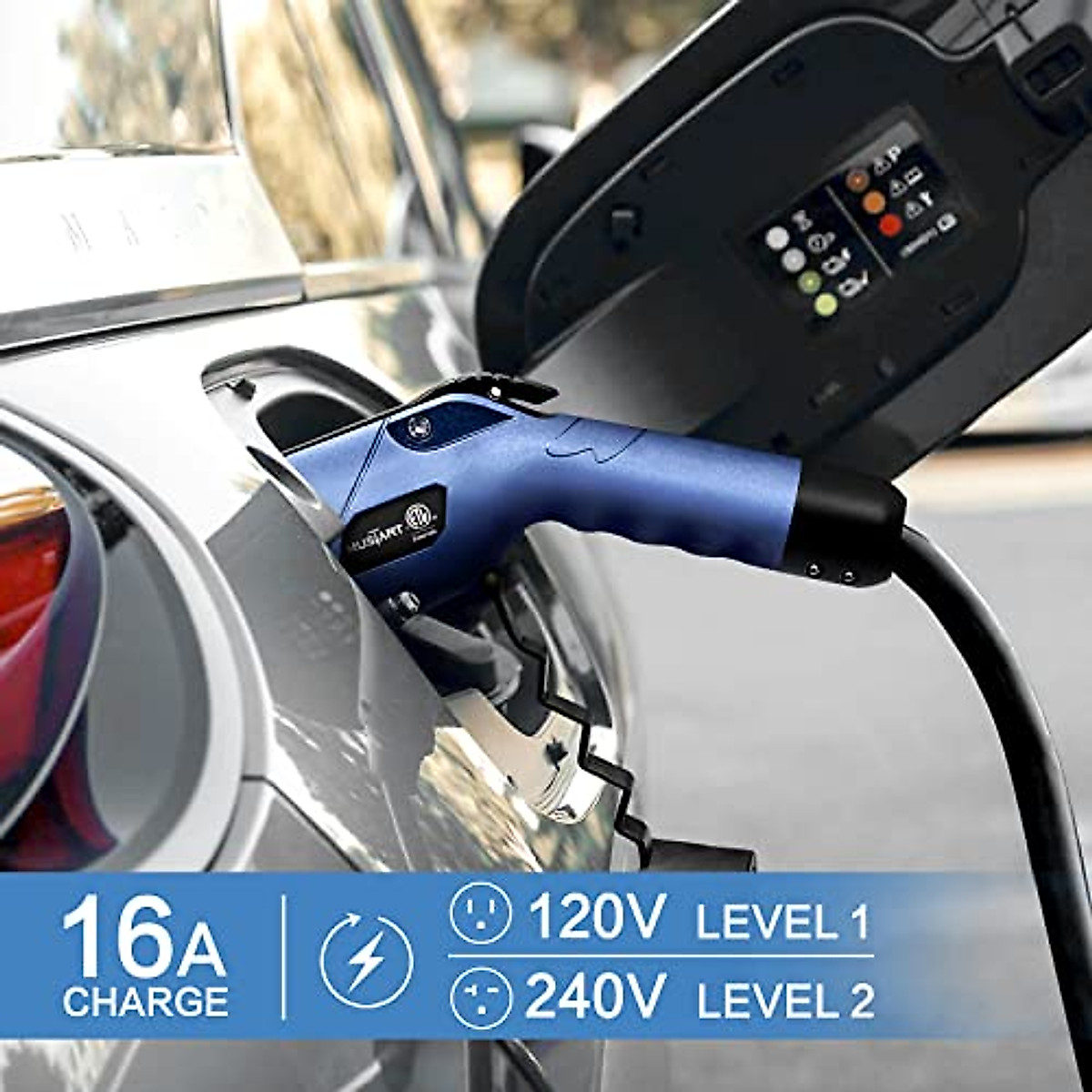 MUSTART Level 1 and Level 2 Portable EV Charger (16 Amp Adjustable, 100-240V, 25ft Cable). NEMA 6-20 Plug with NEMA 5-15 Adapter Electric Vehicle Charger