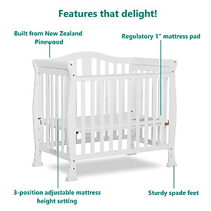 Dream On Me Addison 4-In-1 Convertible Mini Crib In White, Greenguard Gold Certified, Non-Toxic Finishes, Built Of New Zealand Pinewood, Comes With 1” Mattress Pad