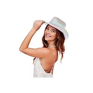 SoJourner Bags Neon Sparkly Glitter Space Cowboy Hat - Fun Metallic Silver Holographic Halloween Party Disco Cowgirl Hat for Birthday & Bachelorette