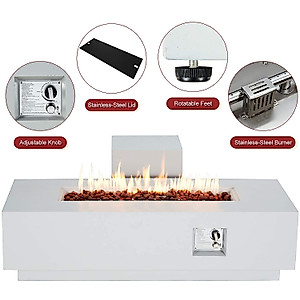 ECOTOUGE 2-Piece 56" Outdoor Rectangle Propane Fire Pit Table with Tank Holder, 50,000 BTU Concrete Fire Table with Weather-Resistant Pit Cover, Auto-Ignition, Free Lava Rocks, Fits 20lb Tank, White