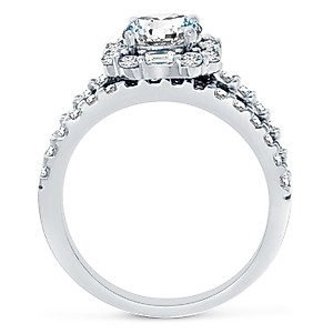 Size 4 - Solid 14k White Gold CZ Cubic Zirconia Halo Bridal Engagement Ring w/Matching Wedding Band Two Ring Set - Round Brilliant Cut Solitaire with Baguette Side Stones (2.75cttw., 1.0ct. Center)